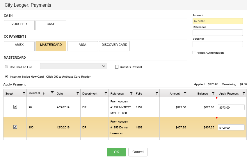 Post Payment to multiple City Ledger invoices