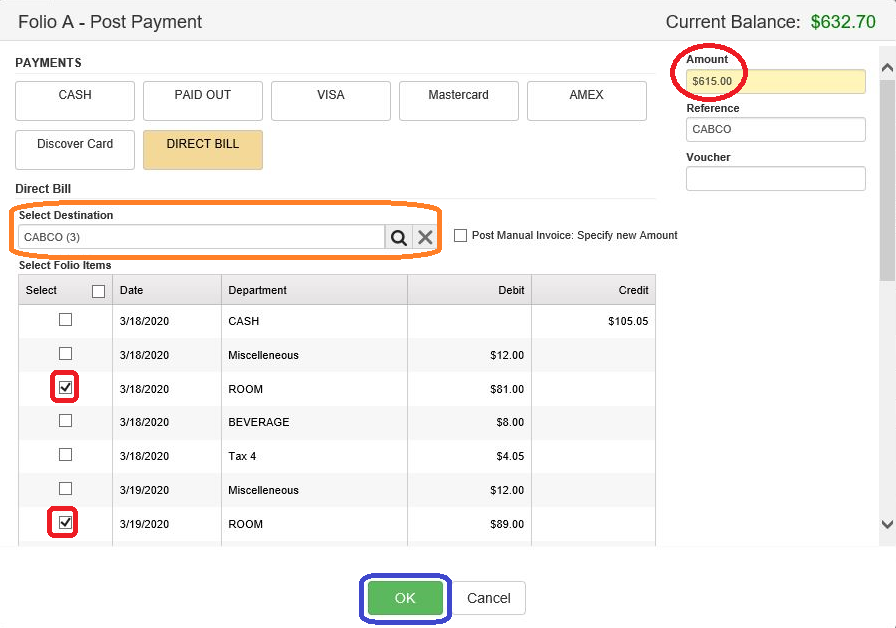Posting Direct Bill Payment - Select Folio Line